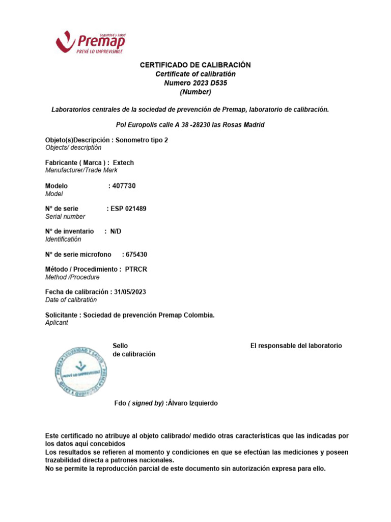 Certificado de Calibración Sonometro | PDF