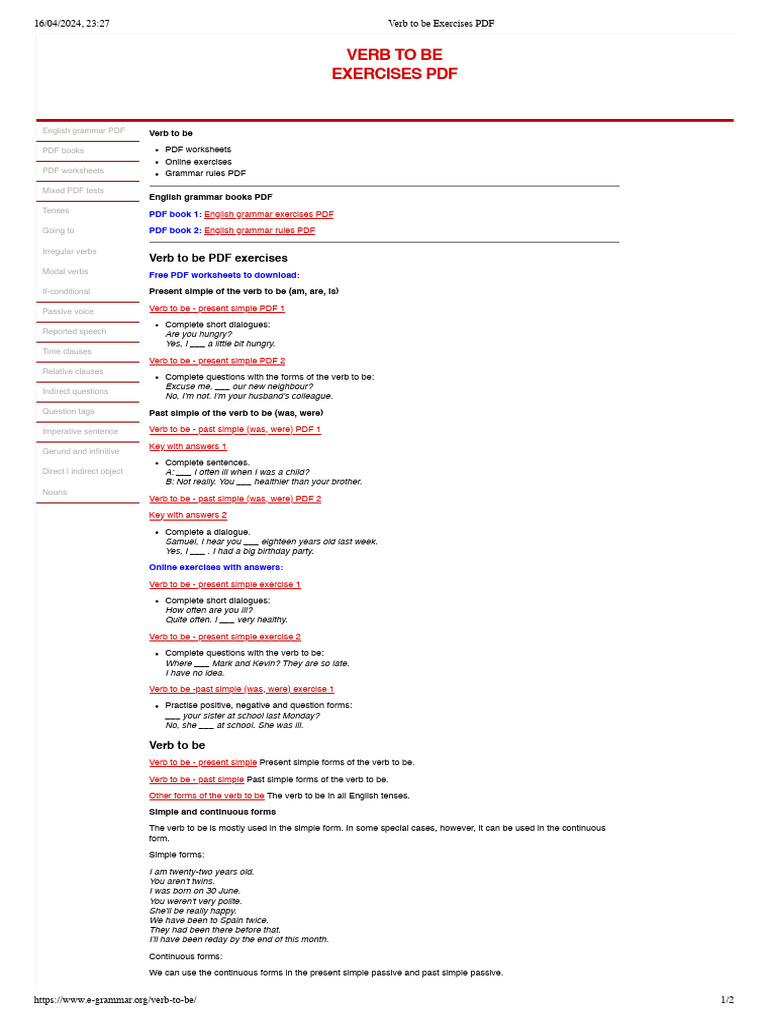 Verb To Be Exercises PDF | PDF | Verb | English Grammar
