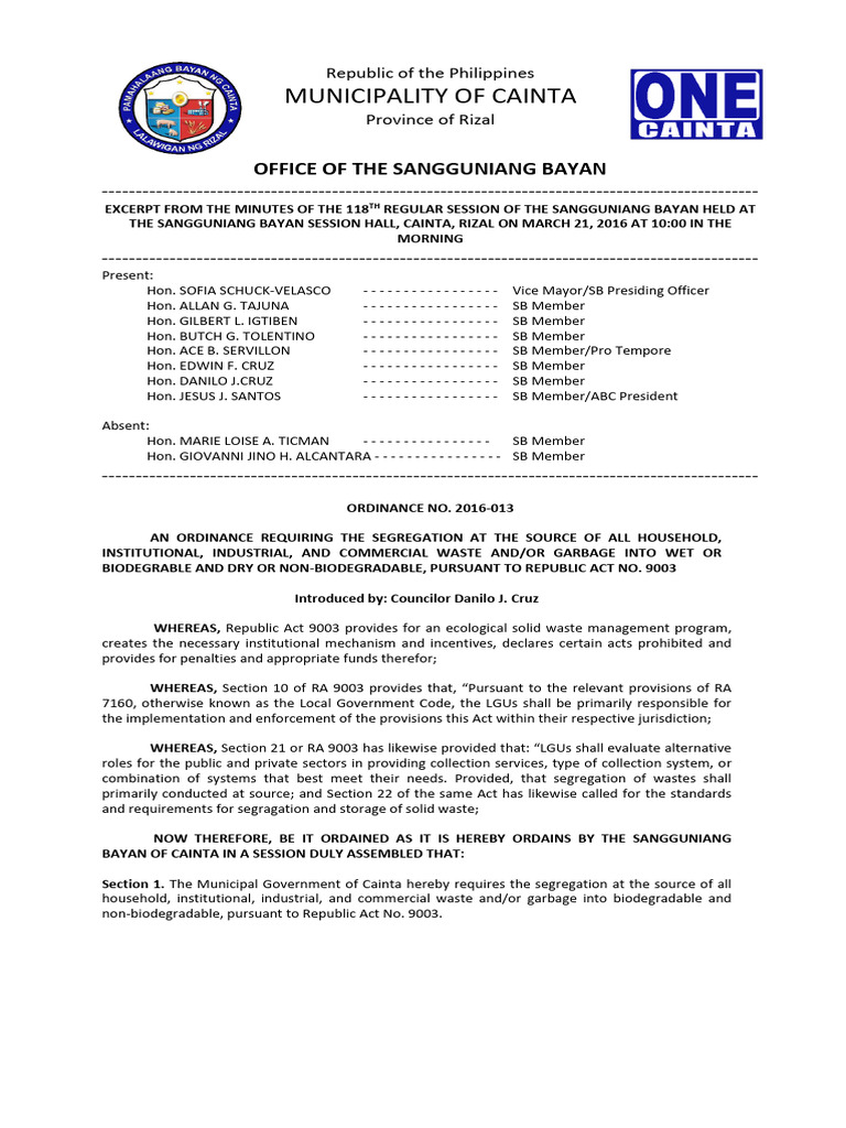 ORDINANCE NO. 2016-013 Segregation of Garbage | PDF | Waste | Waste ...
