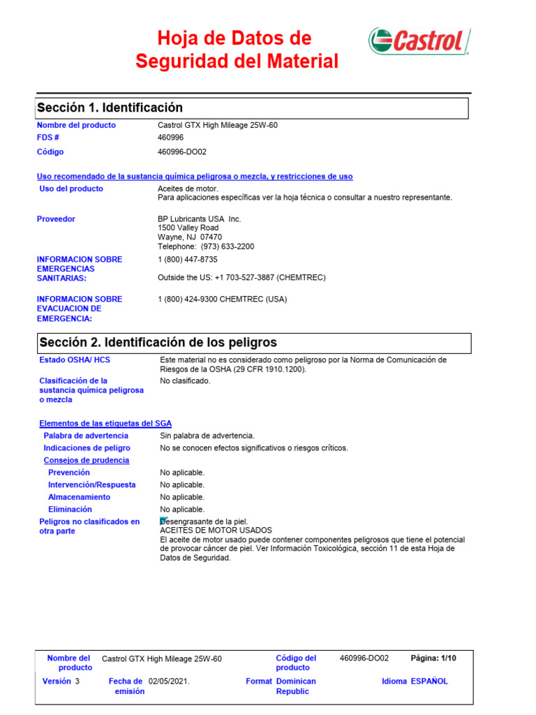 Castrol GTX Sae 24W-60 (Hoja de Seguridad) | PDF | Química