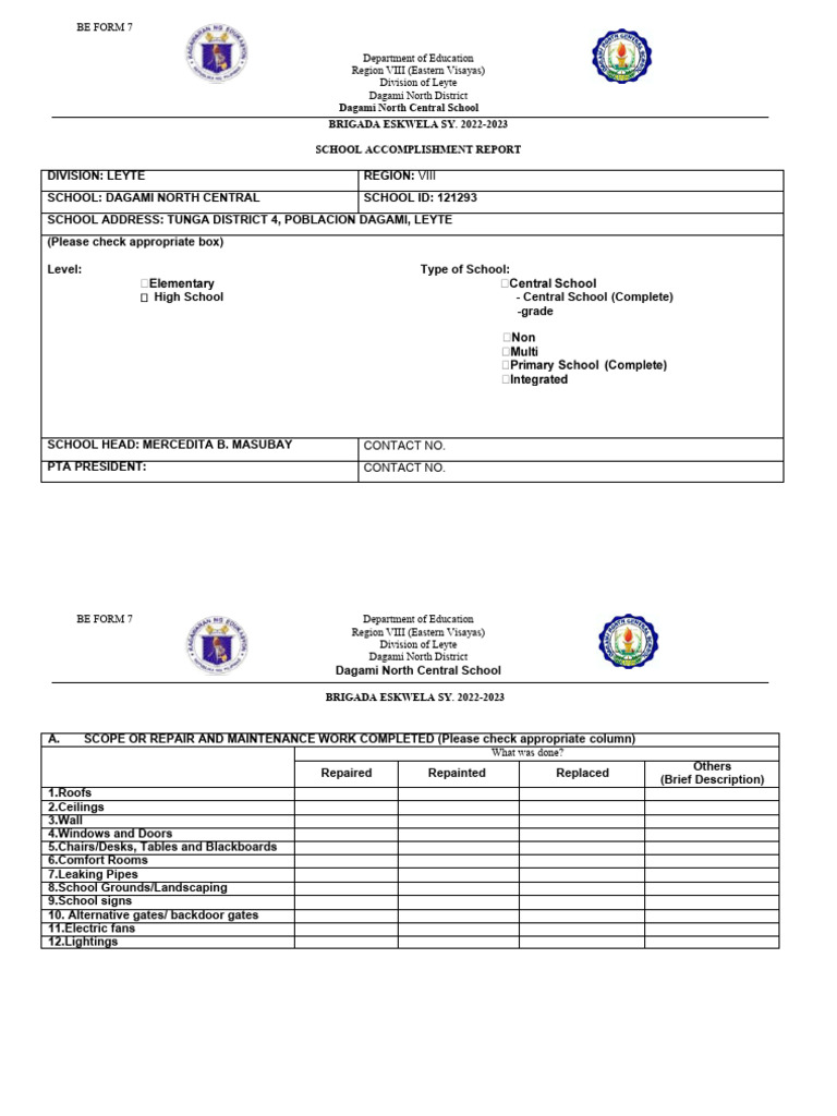 BS-Form 7 - School Accomplishment Report | PDF | Buildings And ...
