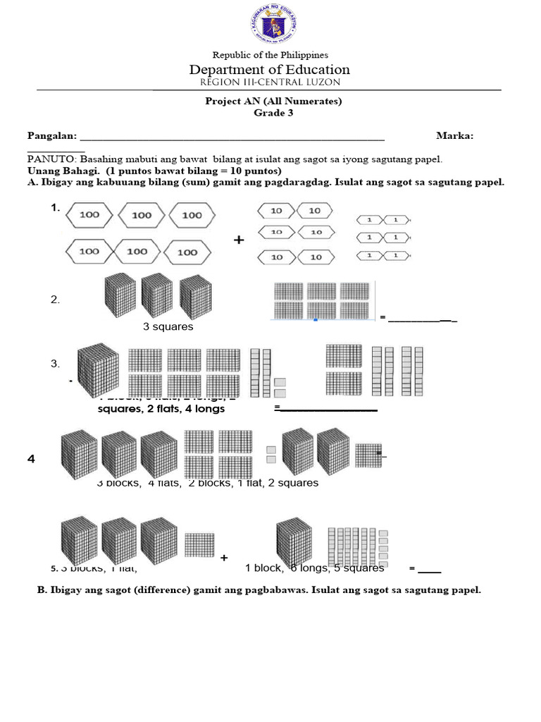 Grade 3 Project An Assessment Tool Pre Test Tagalog | PDF