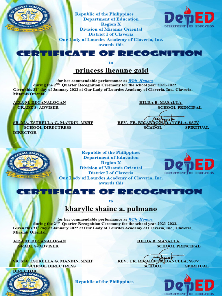 2nd Quarter Certificate of Recognition | PDF