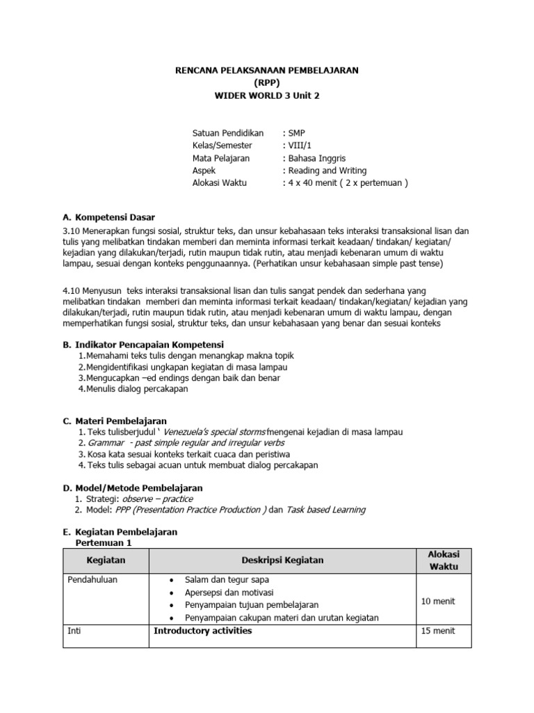 RPP SMP Kelas 8 - Wider World Level 3 Unit 2 | PDF | Kajian Bahasa Asing