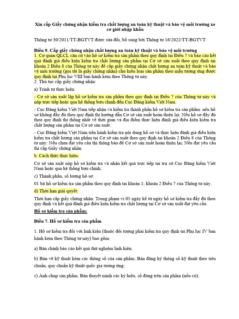 Thu tuc xin cap Giay chung nhan kiem tra chat luong ATKT va BVMT xe co gioi nhap khau | PDF