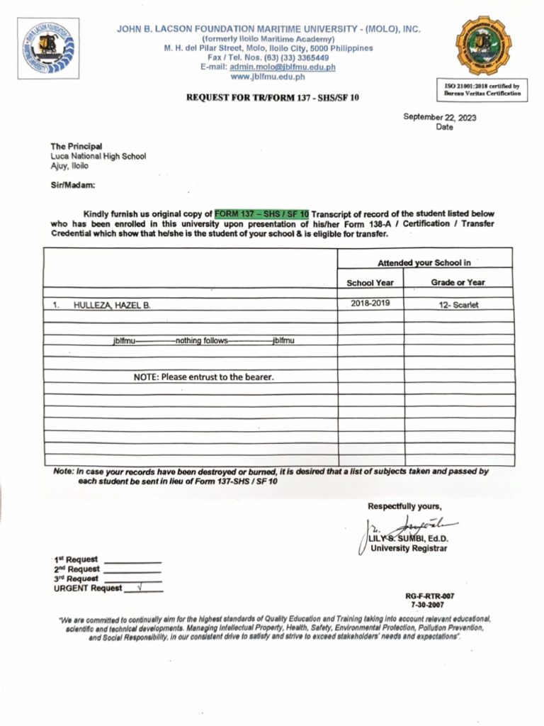 Request For TR or Form 137 | PDF