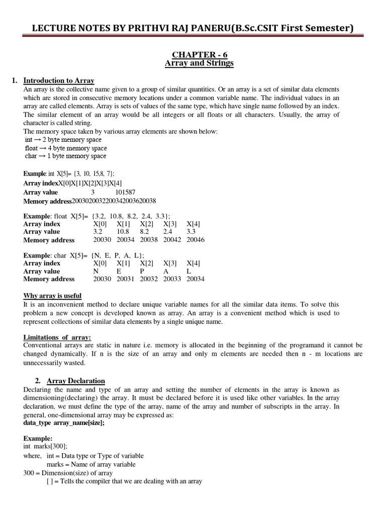 Unit 6 Arrayandstrings Pdf Matrix Mathematics String Computer Science 