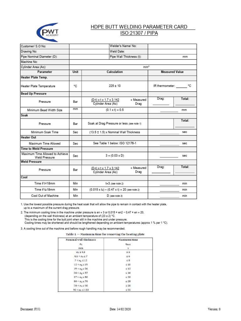 HDPE Butt Welding Parameter Card | PDF | Pipe (Fluid Conveyance) | Welding