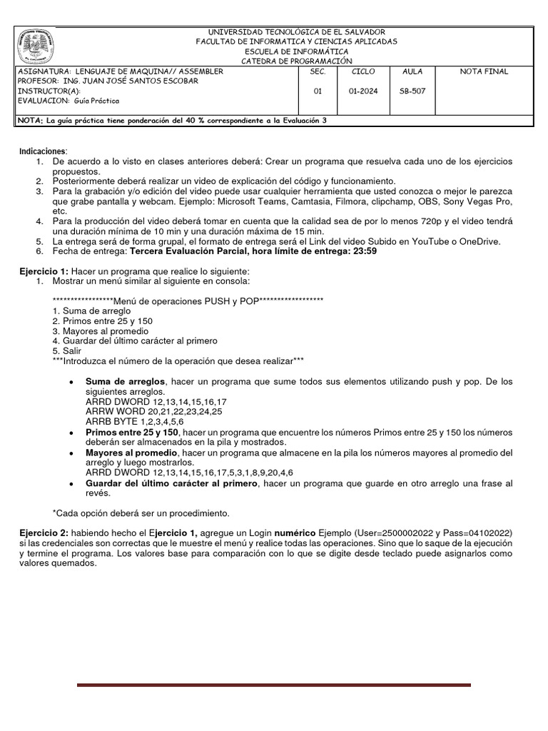 E3 - G1 Assembler (Practica) | PDF | Programa de computadora | Programación