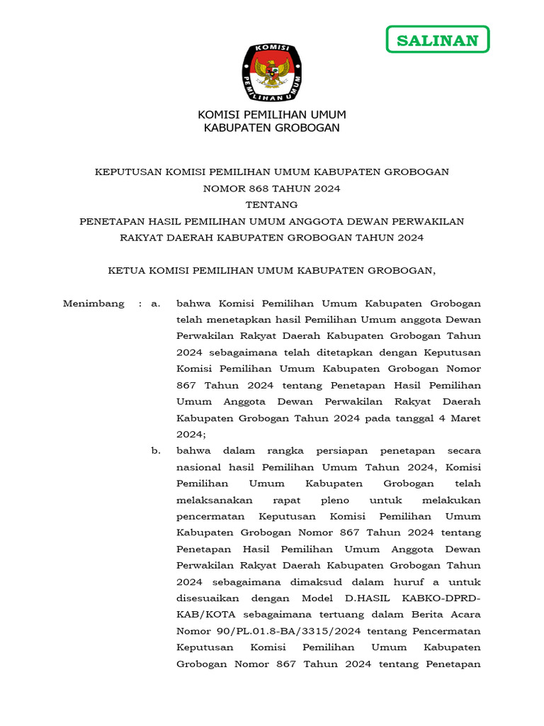 SK 868 Tahun 2024 Penetapan Hasil Pemilu Anggota DPRD Kabupaten Grobogan Tahun 2024 | PDF