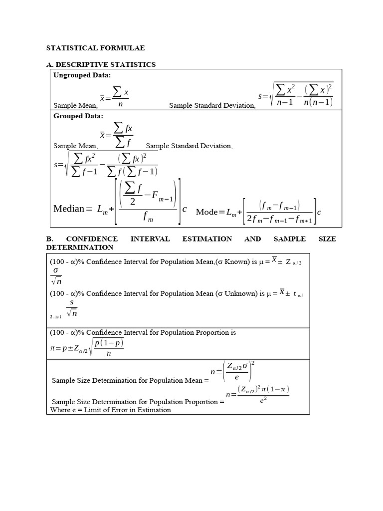 BQQ6214 Statistical Formulae | PDF | Sample Size Determination ...