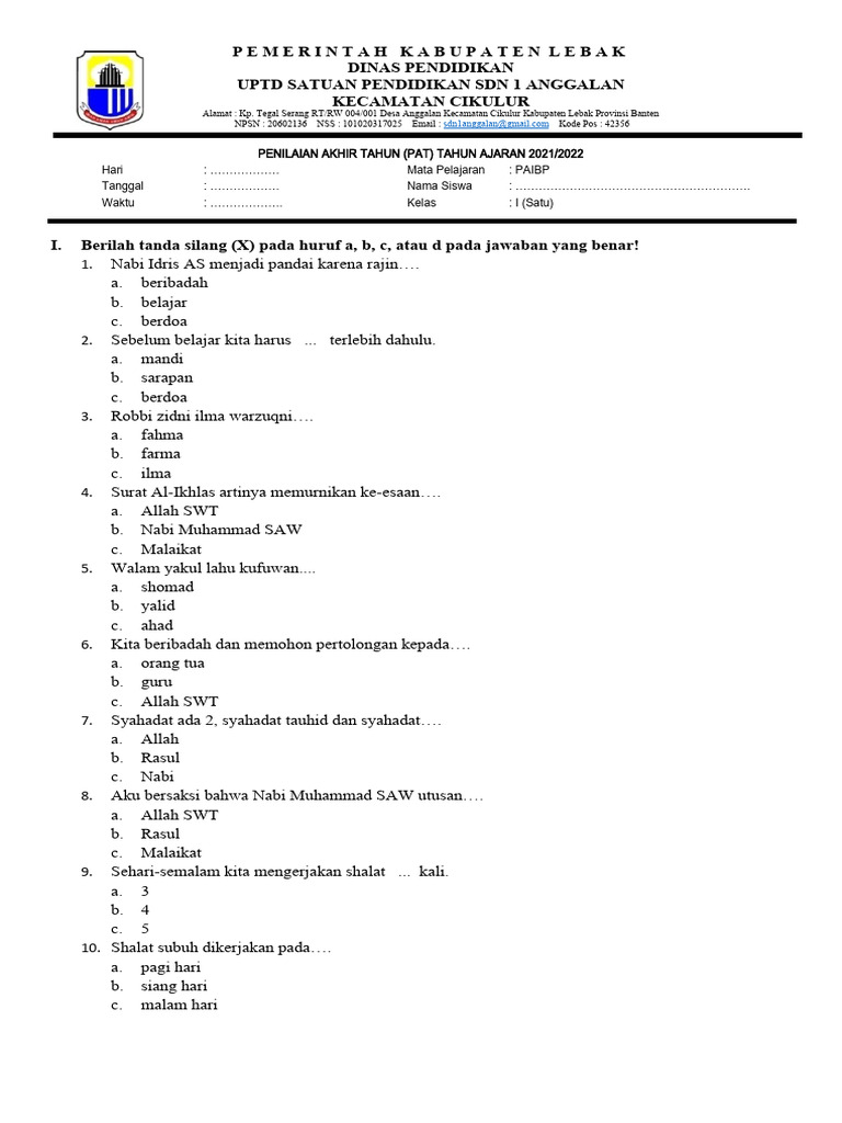 SOAL PAT PAI KELAS 1 2021-2022 | PDF