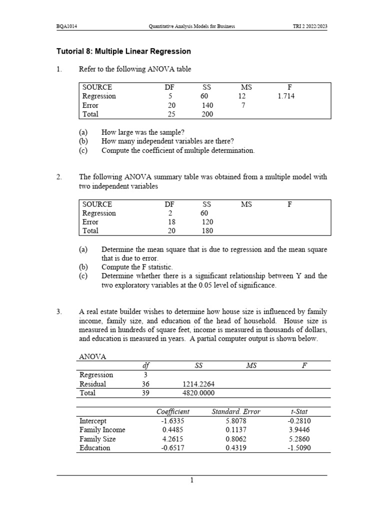 Tutorial 8 Pdf Errors And Residuals Coefficient Of Determination