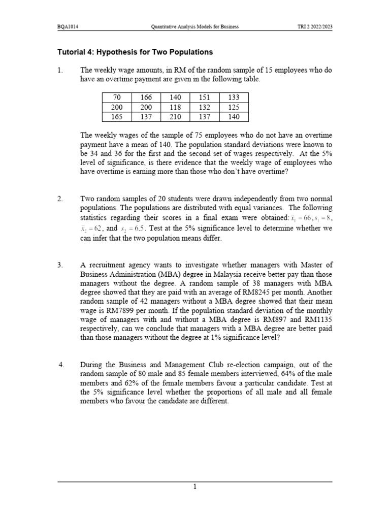 Tutorial 4 | Download Free PDF | Statistical Significance | Overtime