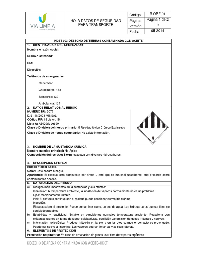 Hoja de Seguridad: Desecho de Arena Contaminada | PDF | Agua ...