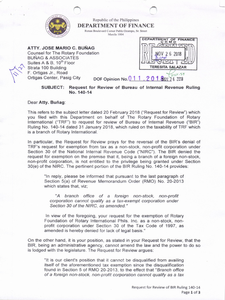 Review of BIR Ruling 140-14 on TRF Tax Exemption | PDF | Tax Exemption ...