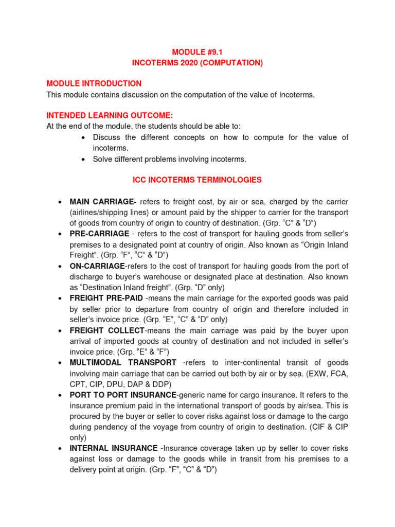 MODULE #9.1 Incoterms 2020 (Computation) Module Introduction | PDF | Supply Chain Management | Trade