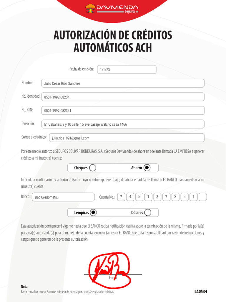 Formulario ACH - Seguros | PDF