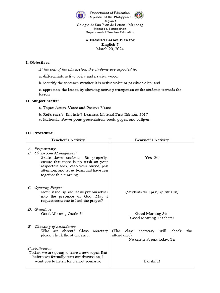 Active vs Passive Voice Lesson Plan | PDF | Subject (Grammar) | Linguistics