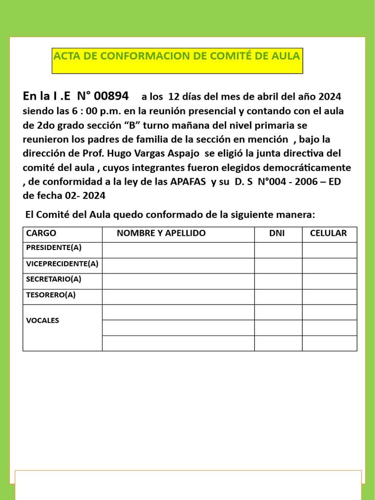 ACTA DE CONFORMACIO0N DE COMITÉ DE AULA. 2do GRADO B | PDF | Salón de clases