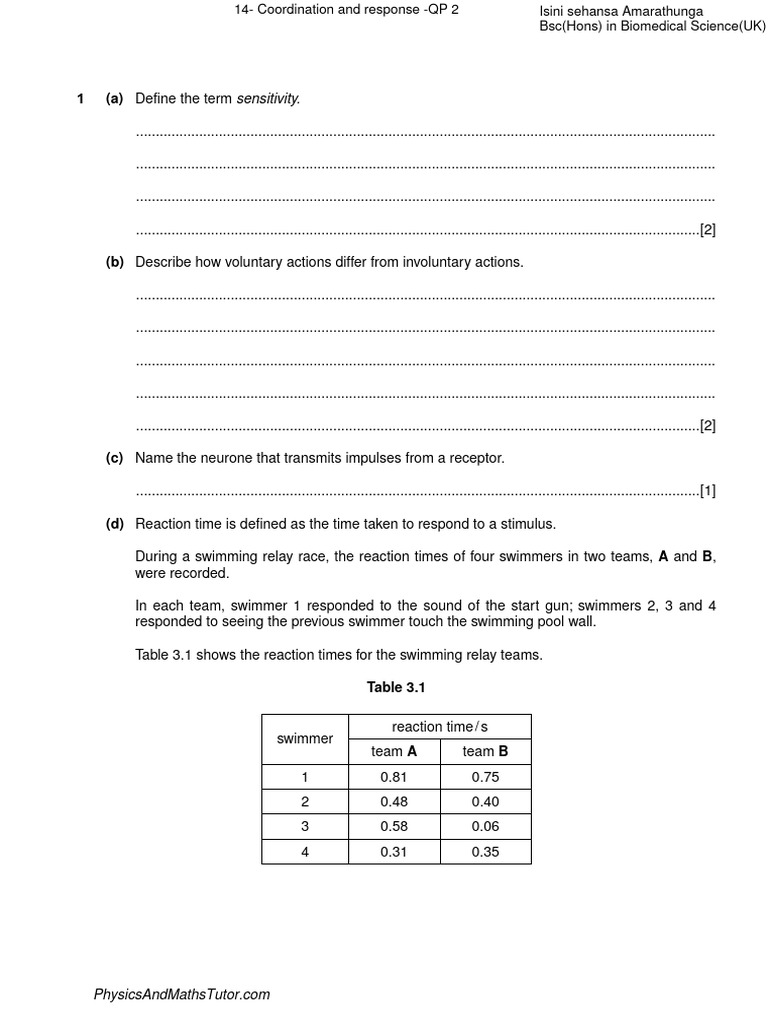 Coordination & Response 2 QP | PDF | Glycogen | Eye