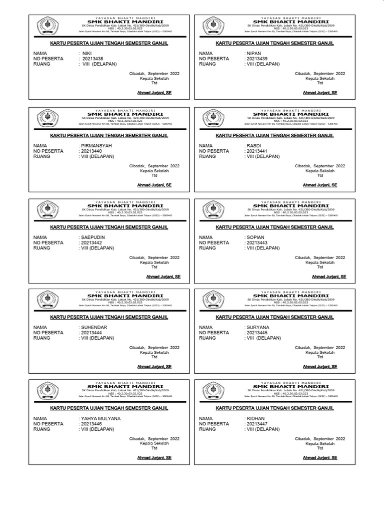 Kartu Pserta 3 Xii TSM | PDF