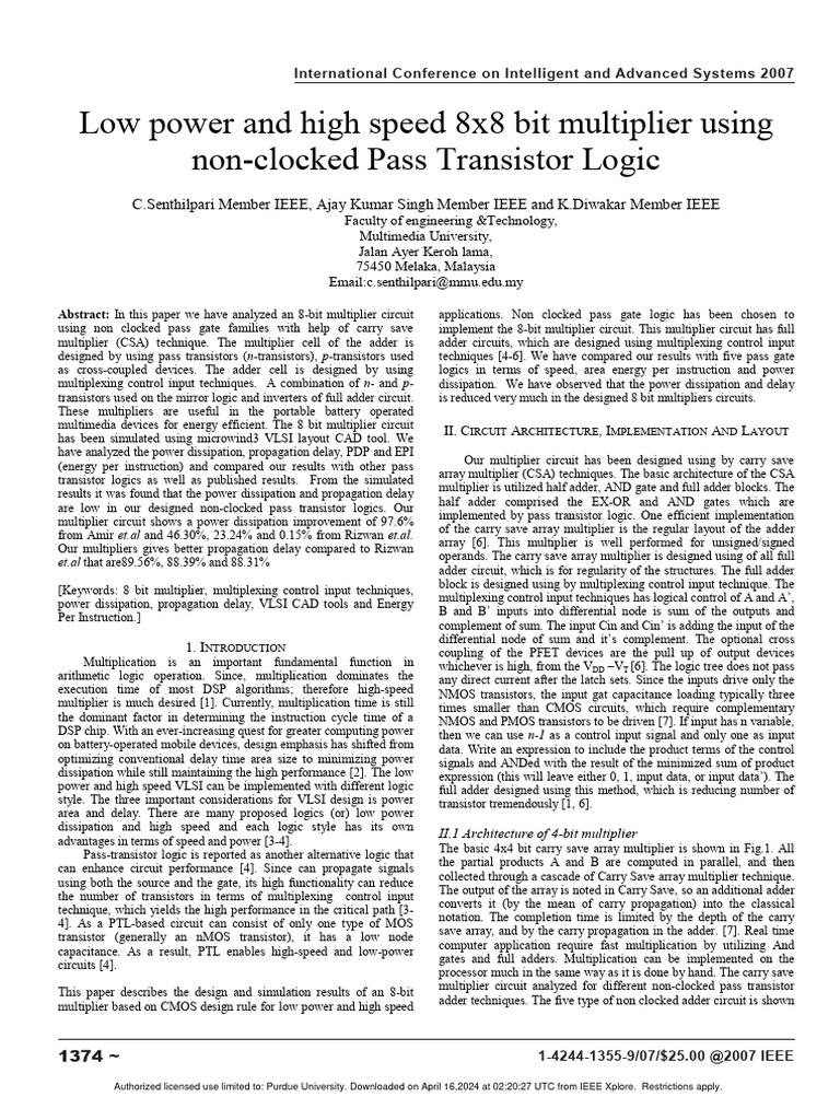 Low Power and High Speed 8x8 Bit Multiplier Using Non-Clocked Pass Transistor Logic | Download ...