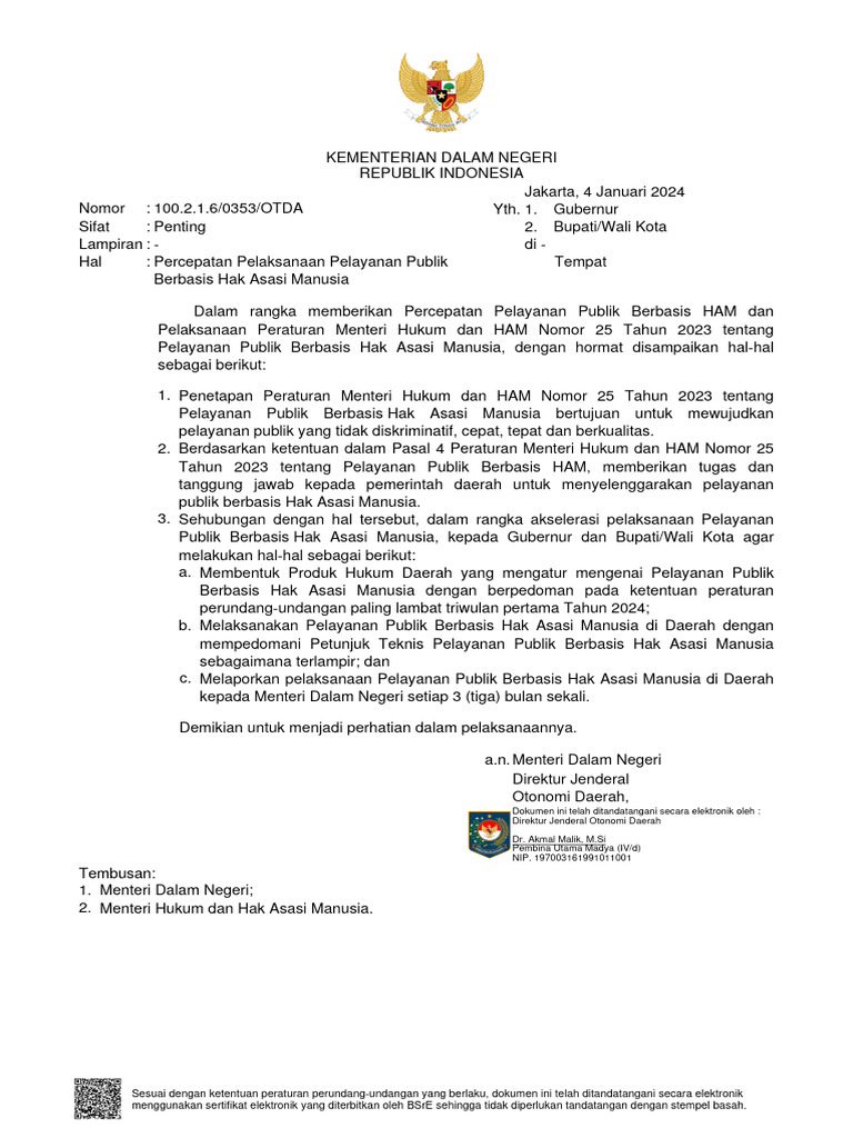 Surat Menteri Dalam Negeri TTG Percepatan Pelaksanaan Pelayanan Publik Berbasis HAM | PDF