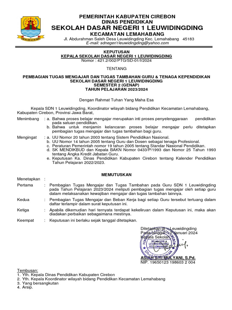 SK Pembagian Tugas SMSTR 2 Tahun 2023-2024 | PDF