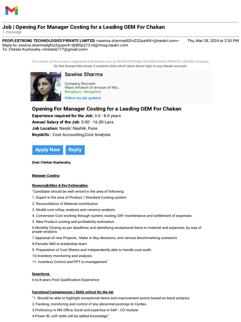 Gmail - Job - Opening For Manager Costing For A Leading OEM For Chakan | PDF | Business