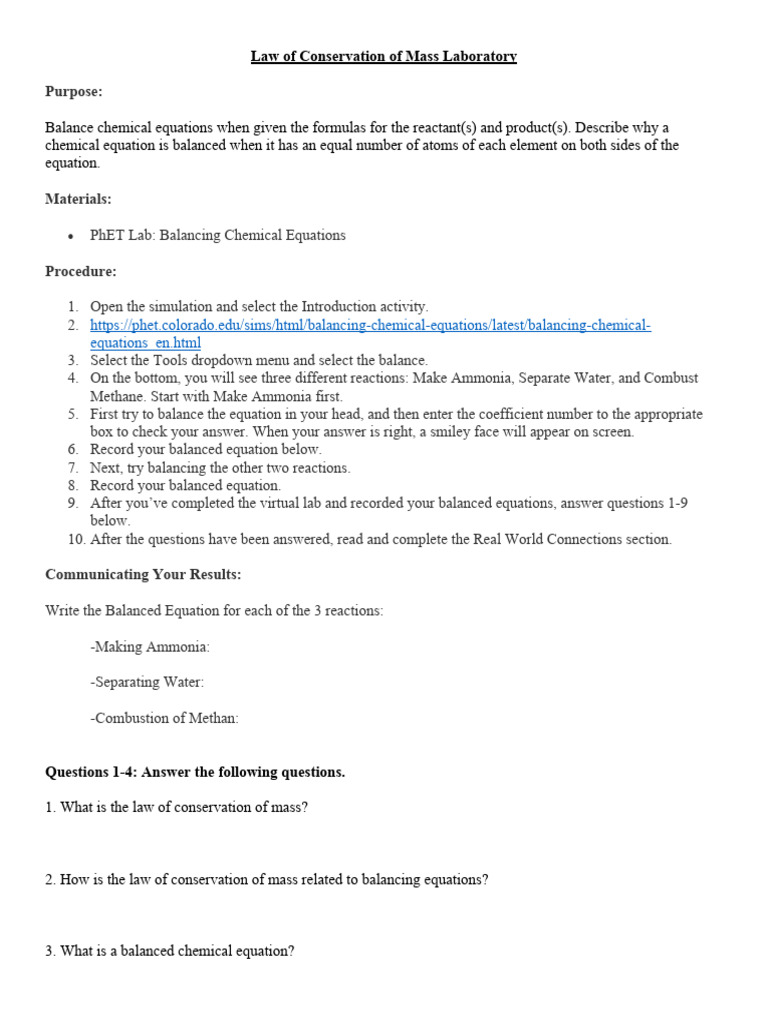 Law of Conservation of Mass Laboratory | PDF | Chemical Reactions ...