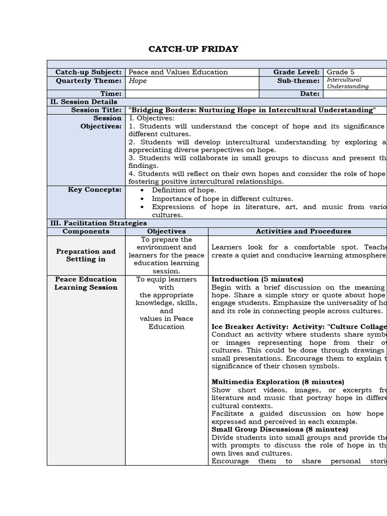 CATCH UP FRIDAY TEACHERS GUIDE Hope Intercultural Understanding Grade 5 | PDF | Learning | Cognition