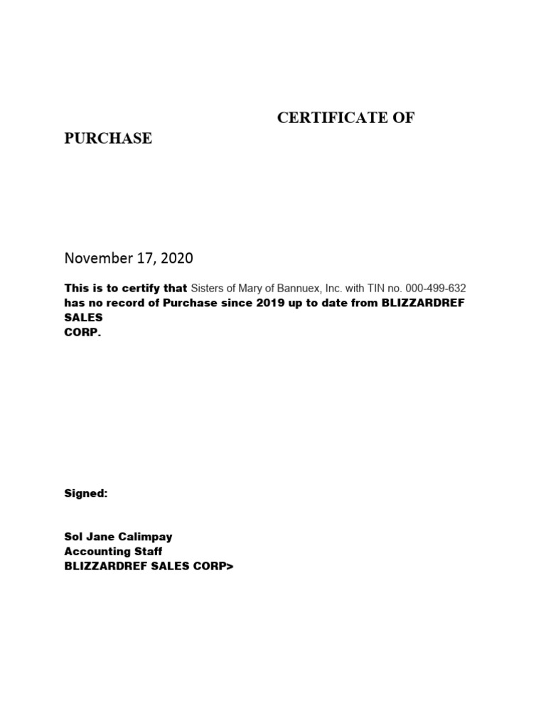 Certificate of Purchase Sisters of Mary | PDF