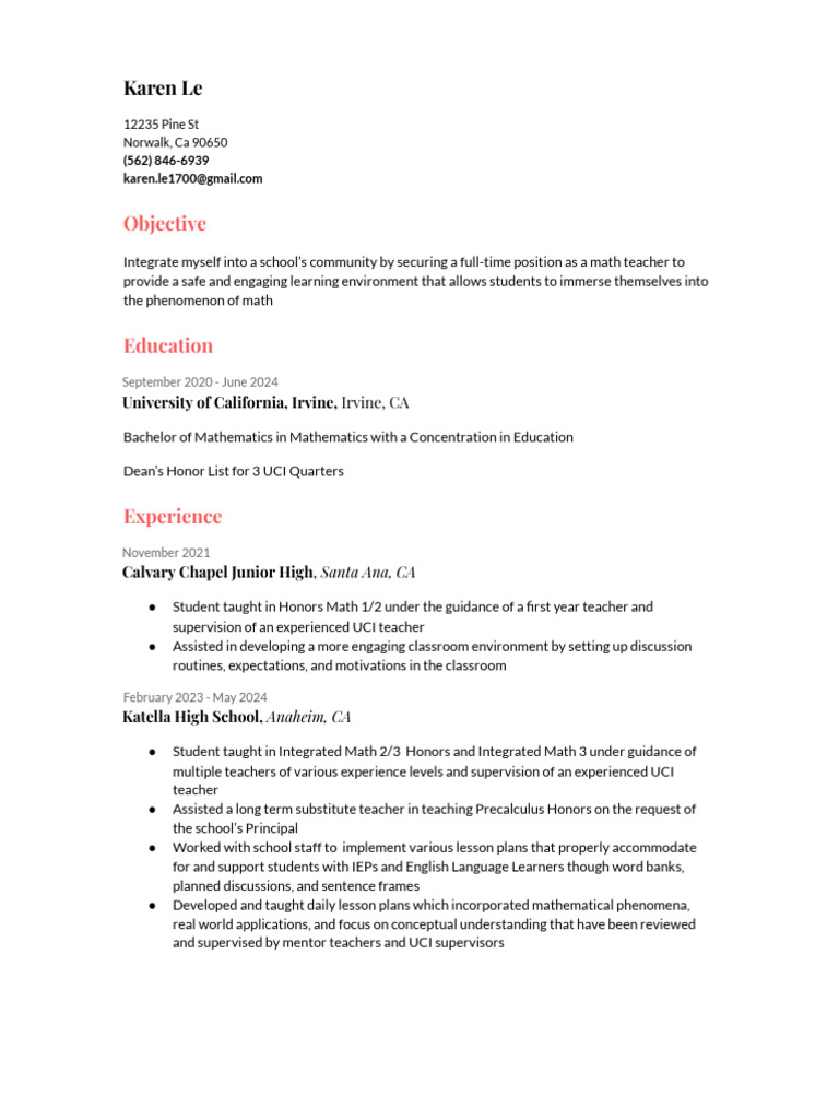 Resume - Karen Le | PDF | Teachers | Mathematics