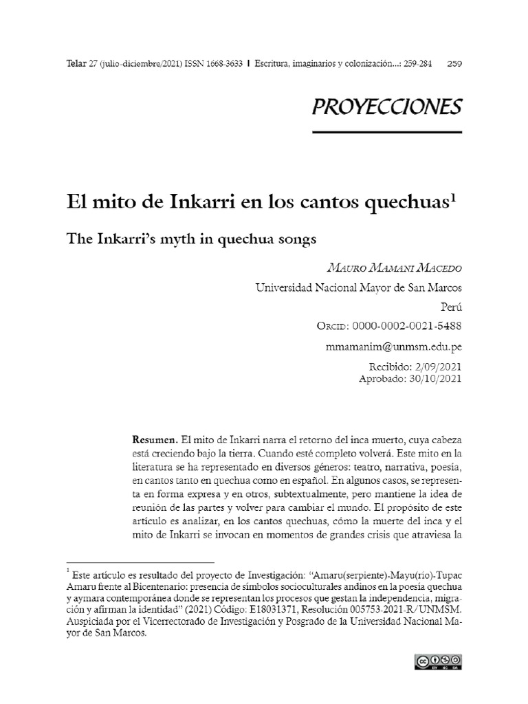 Vista de El mito de Inkarri en los cantos quechuas | PDF