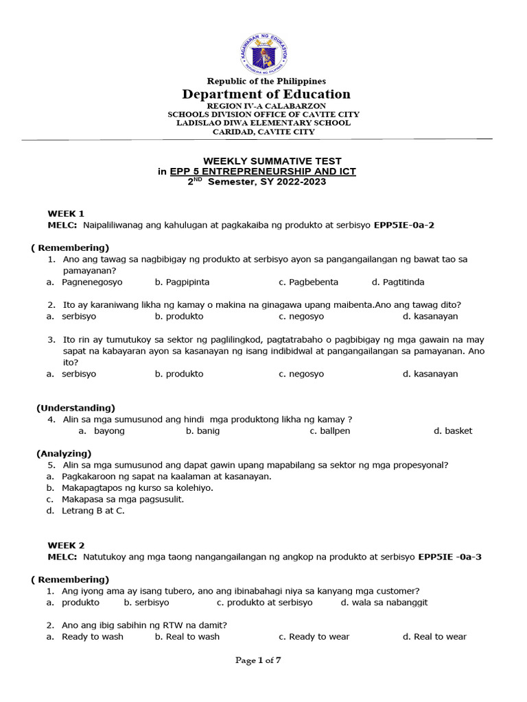 Epp 5 Ict Weekly Test | PDF