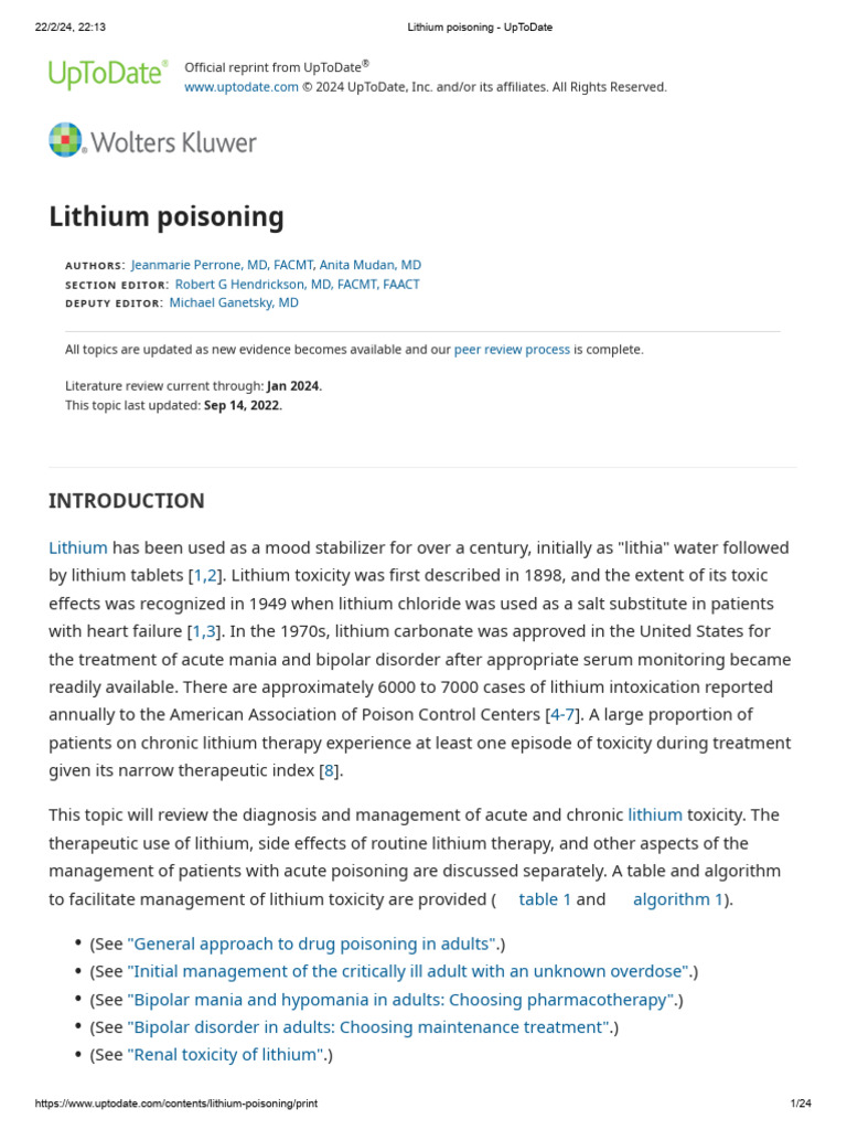 Lithium Poisoning - UpToDate | PDF | Hemodialysis | Clinical Medicine