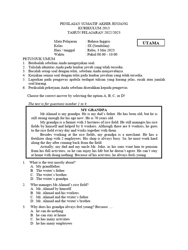 SOAL UTAMA - Binggris kls9 - PSAJ - 22-23 | PDF
