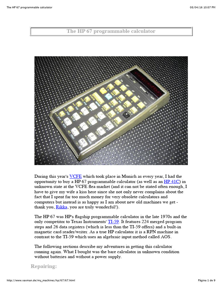 The HP 67 Programmable Calculator | PDF | Calculator | Electrical Connector