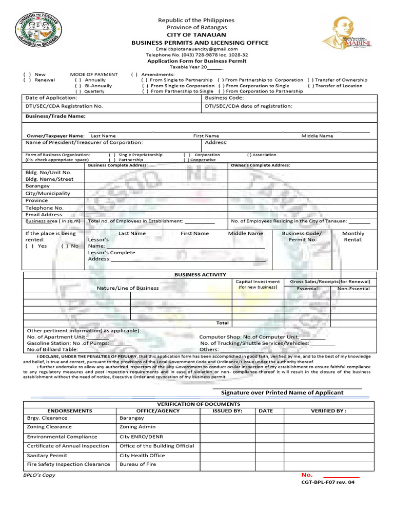 Application Form For Business Permit | PDF | Business | Lease