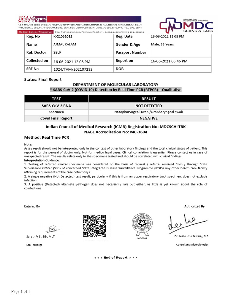 Status: Final Report Department of Molecular Laboratory: Test Result ...