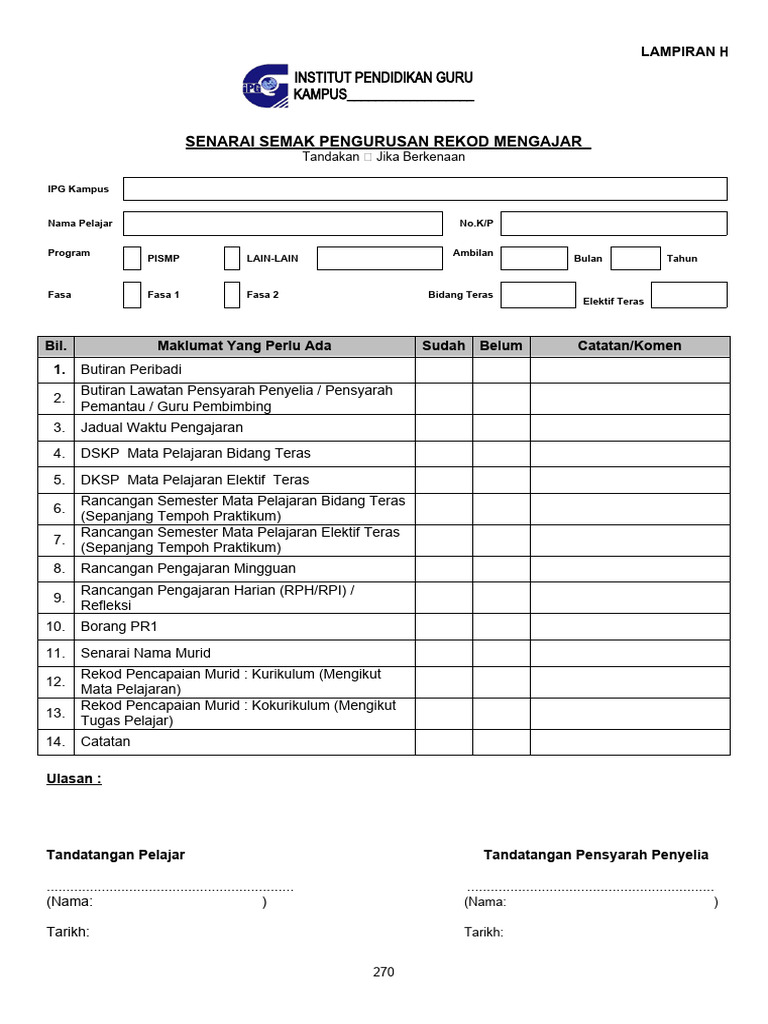 Senarai Semak Pengurusan Rekod Persediaan Mengajar | PDF