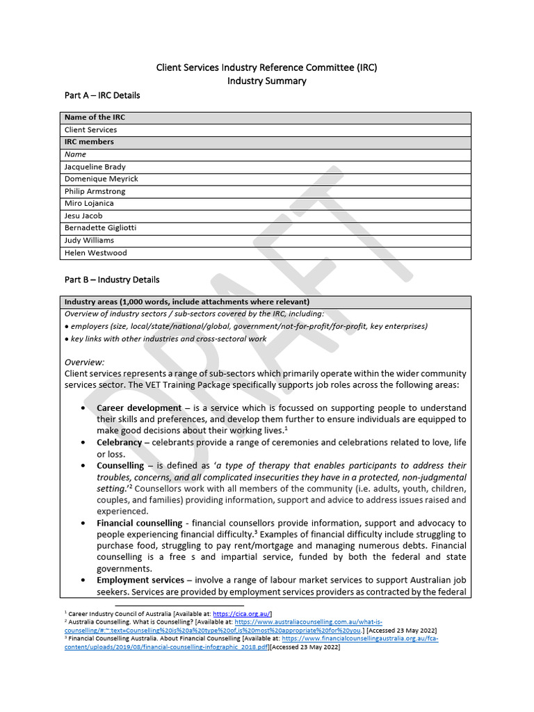 Client Services IRC Industry Summary (Draft) | PDF | Cost Of Living ...