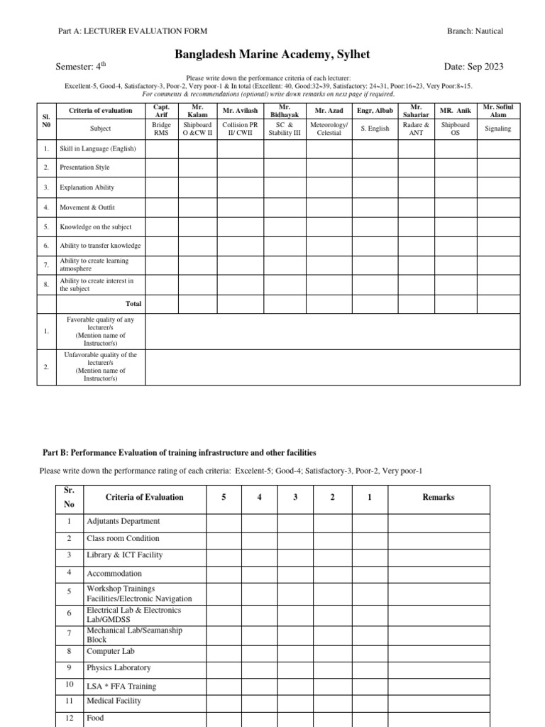 Nautical Lecturer Evaluation Form 2023 | PDF