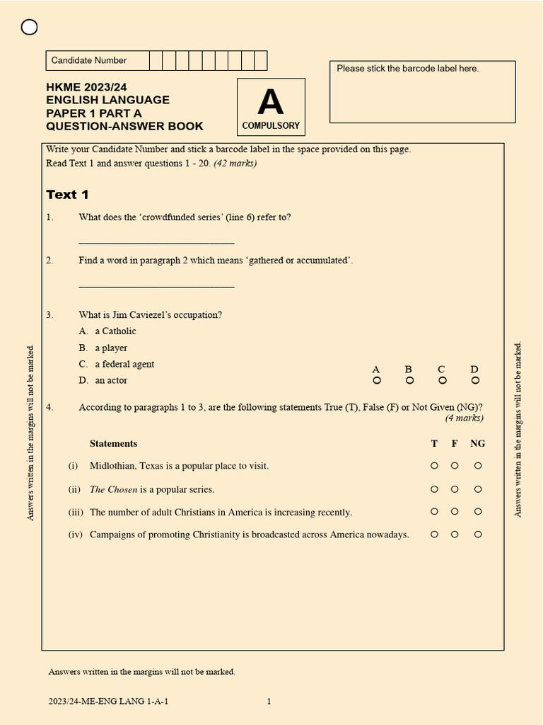 Paper 1 - Part A - Question Answer Book - 2023 | PDF | Faith