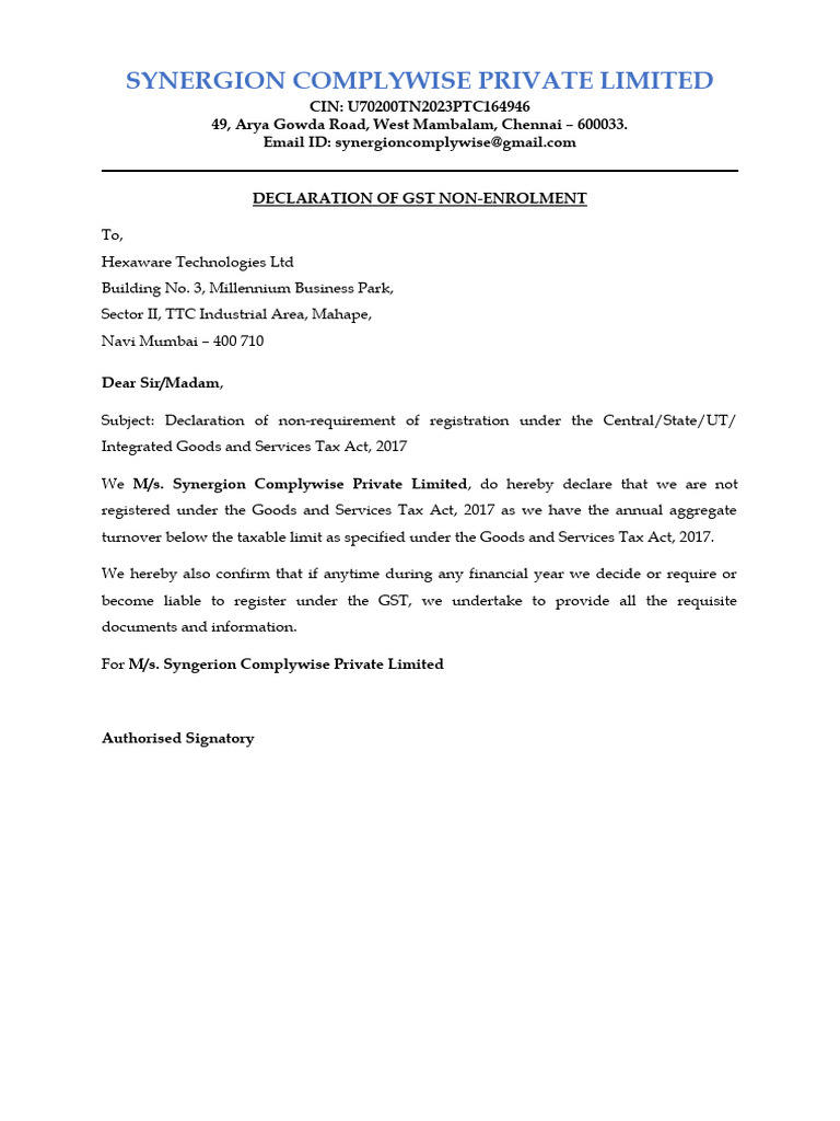 GST Non-Enrolment Declaration | PDF | Finance & Money Management | Law