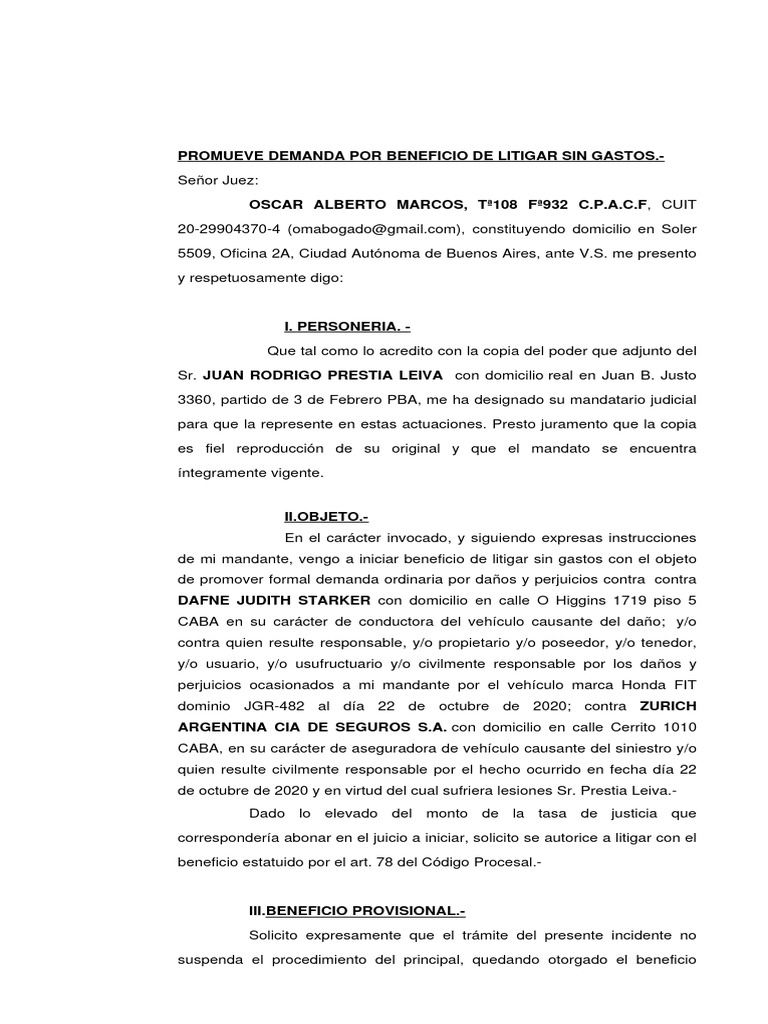 Modelo Beneficio de Litigar Sin Gastos | PDF | Derecho