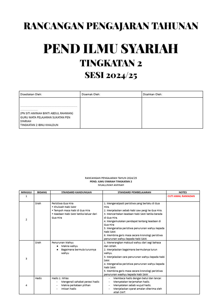 RPT Spis Tingkatan 2 2024 | PDF