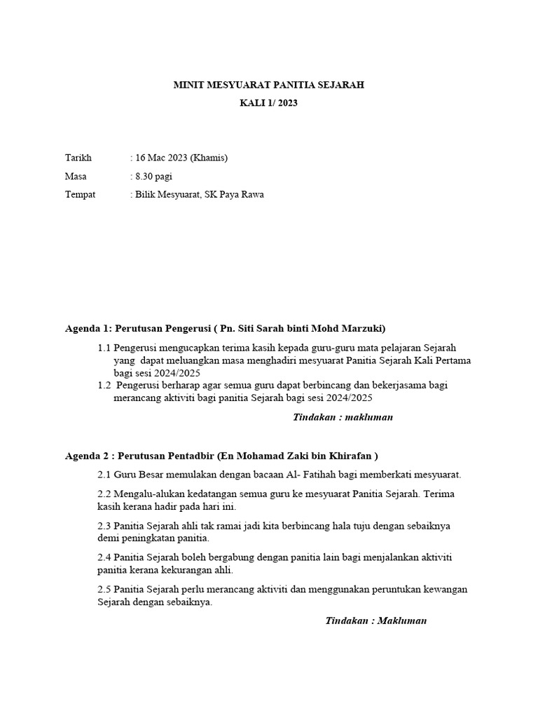 Minit Mesyuarat Panitia Sejarah 1 Sesi 2024 | PDF