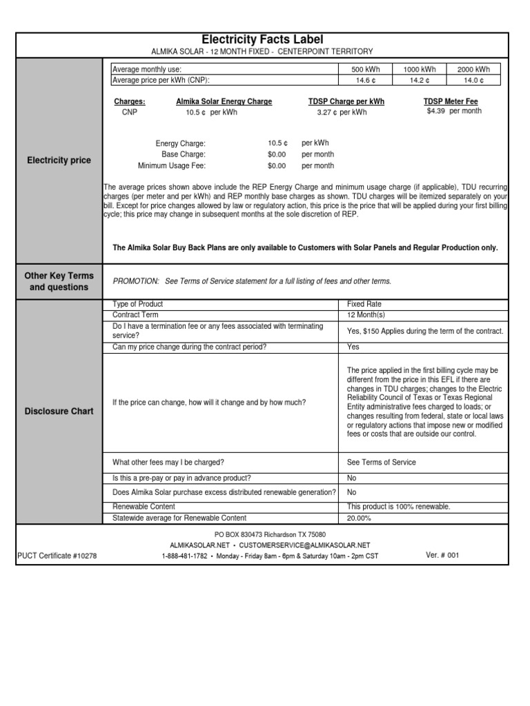 Almika Solar - 12 Month Fixed Plan CNP EFL 2021061 - EN | PDF | Power ...